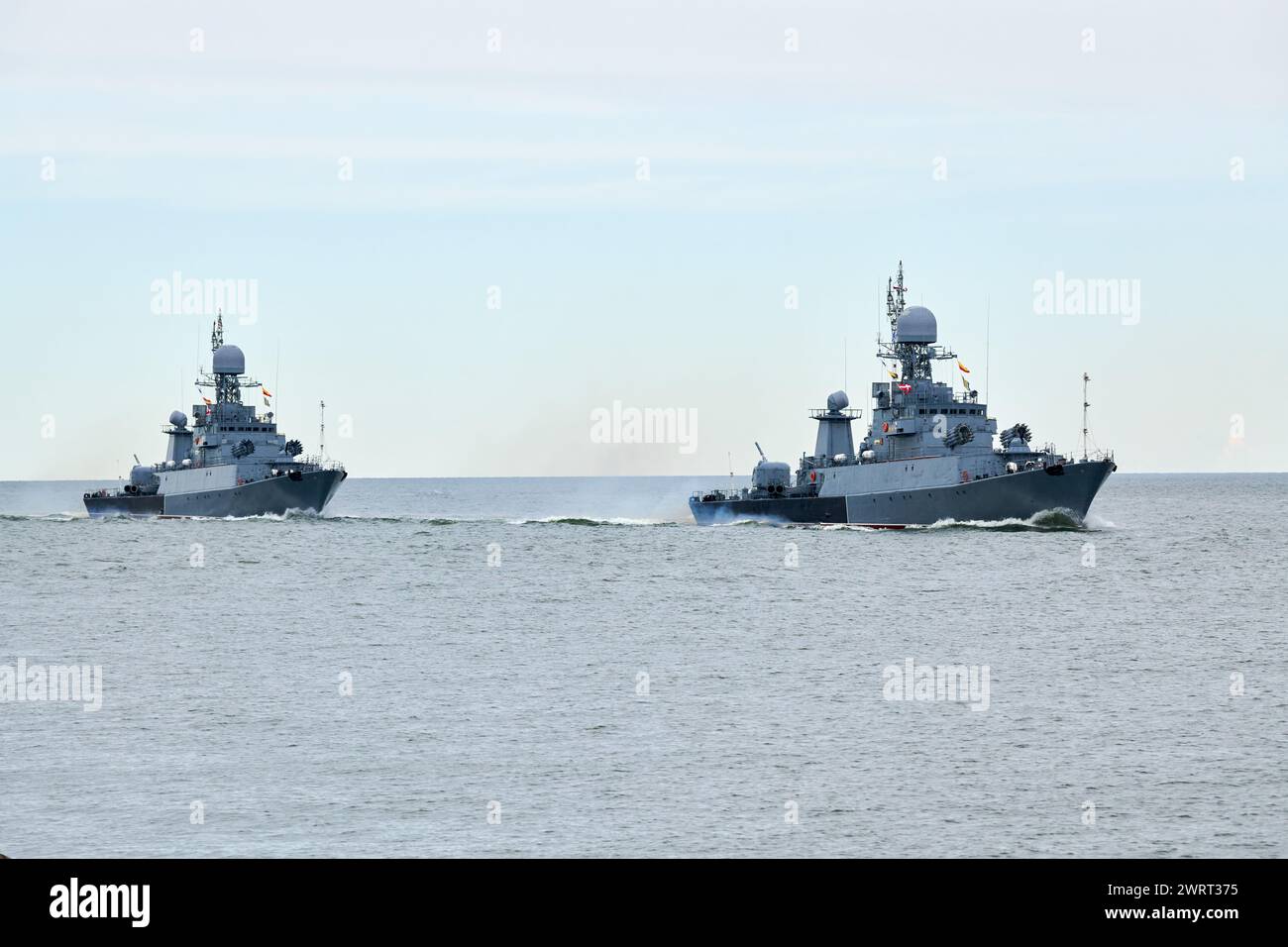 Flotilla of Russian warships sailing toward military target, armed ...