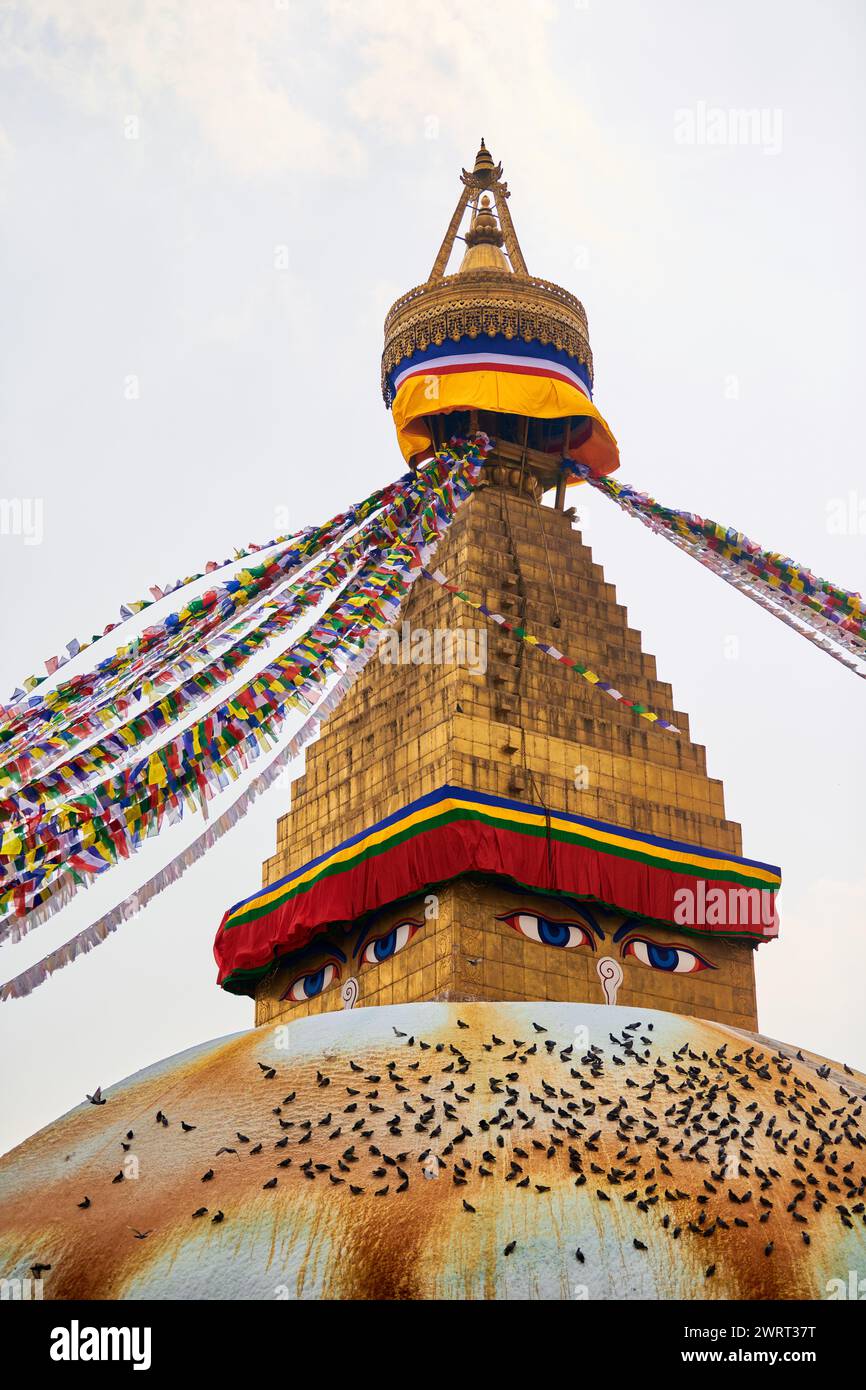 Boudhanath stupa in Kathmandu, Nepal decorated Buddha wisdom eyes and ...