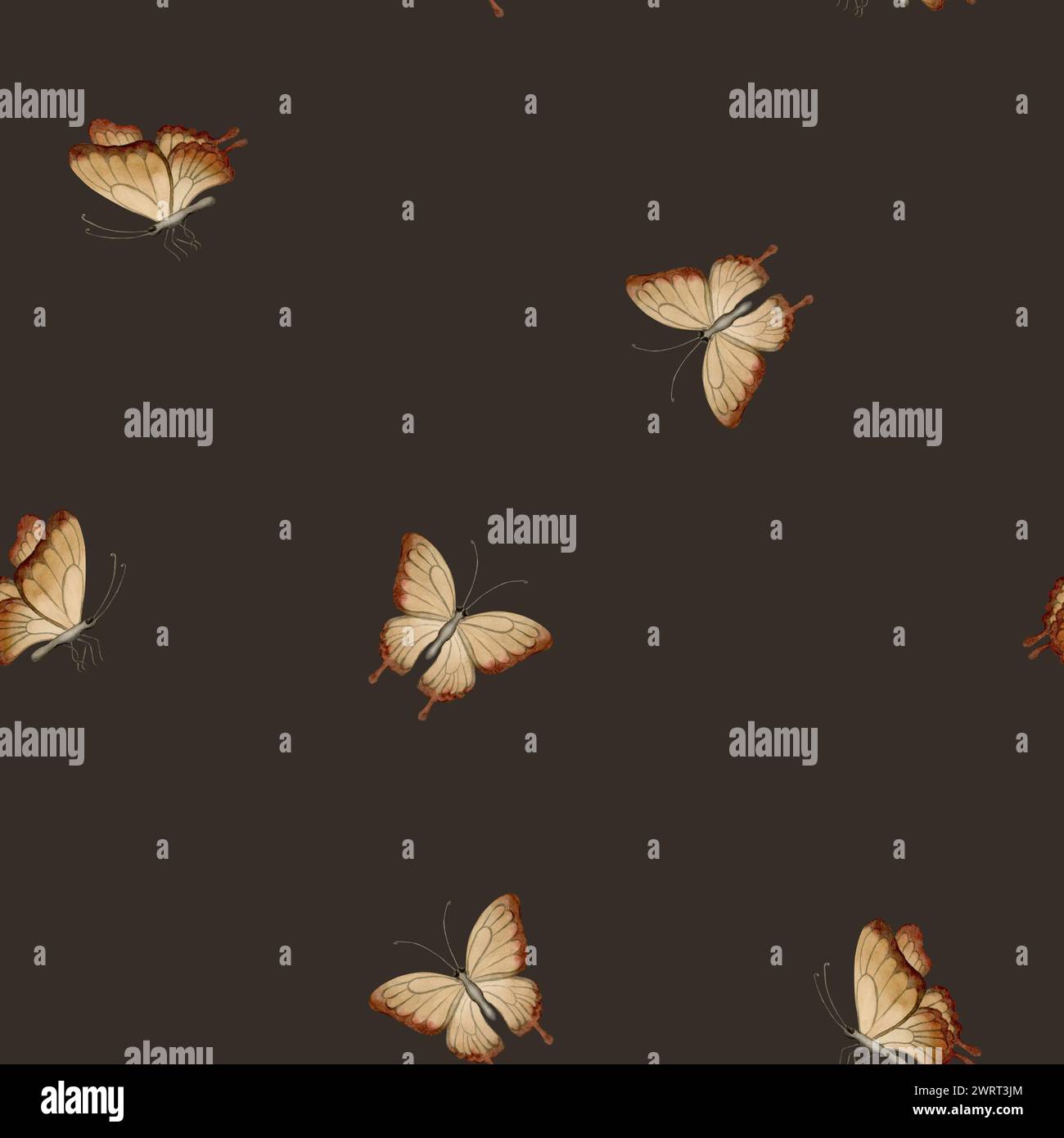 Brown butterflies, watercolor seamless minimalist pattern on dark ...