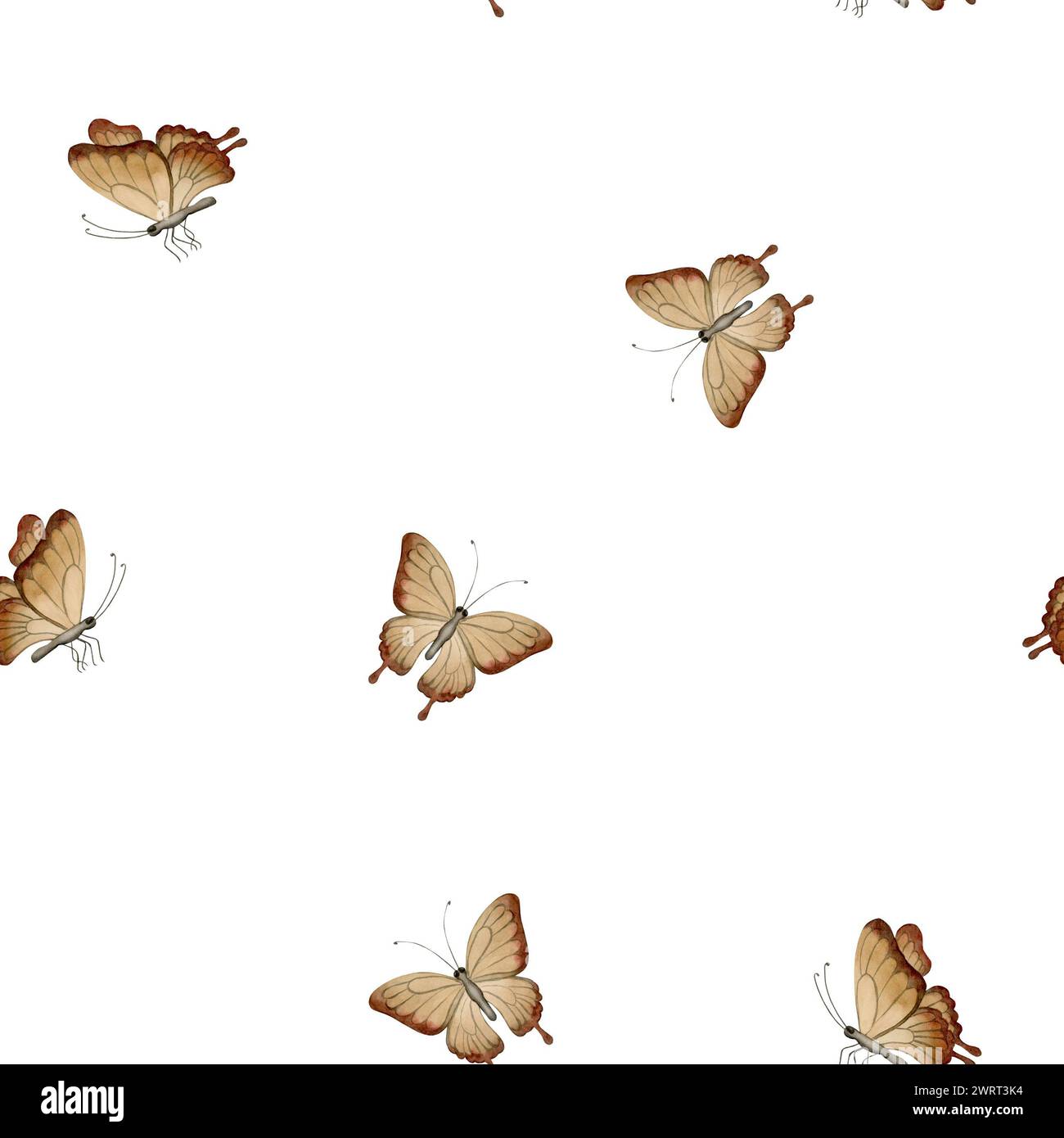 Brown butterflies, watercolor seamless minimalist pattern on white background. For use in design ...