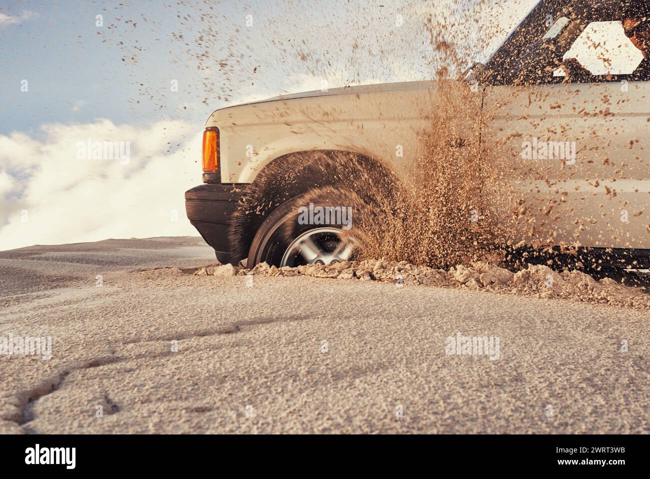 Car, desert and drive with sand and transport outdoor, off road vehicle ...
