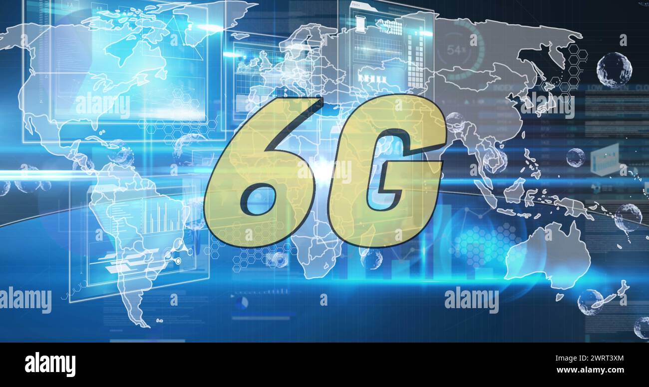 Image of 6g text over interface with data processing against blue ...