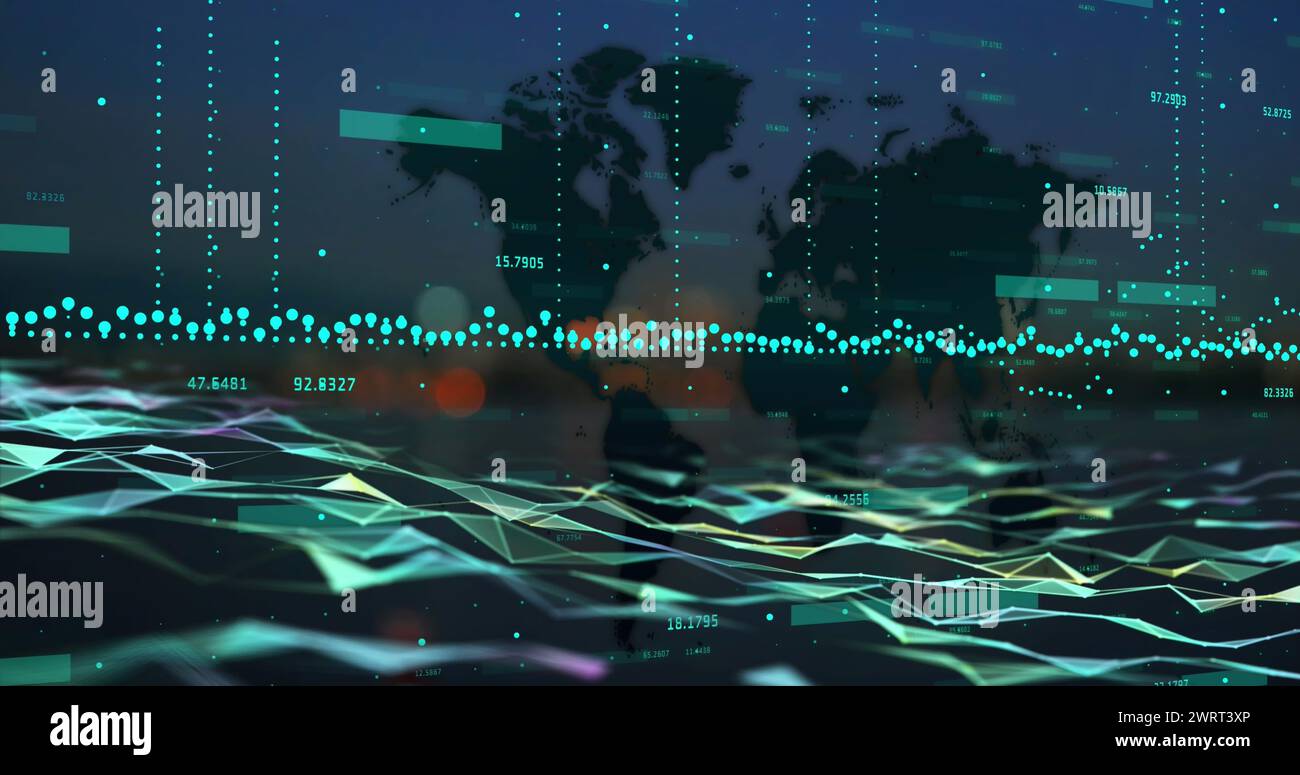 Image of data processing over world map. Global business and digital ...