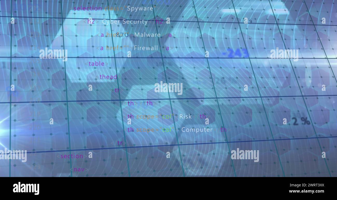 Image of data processing over grid network against hexagonal shapes on blue background Stock ...