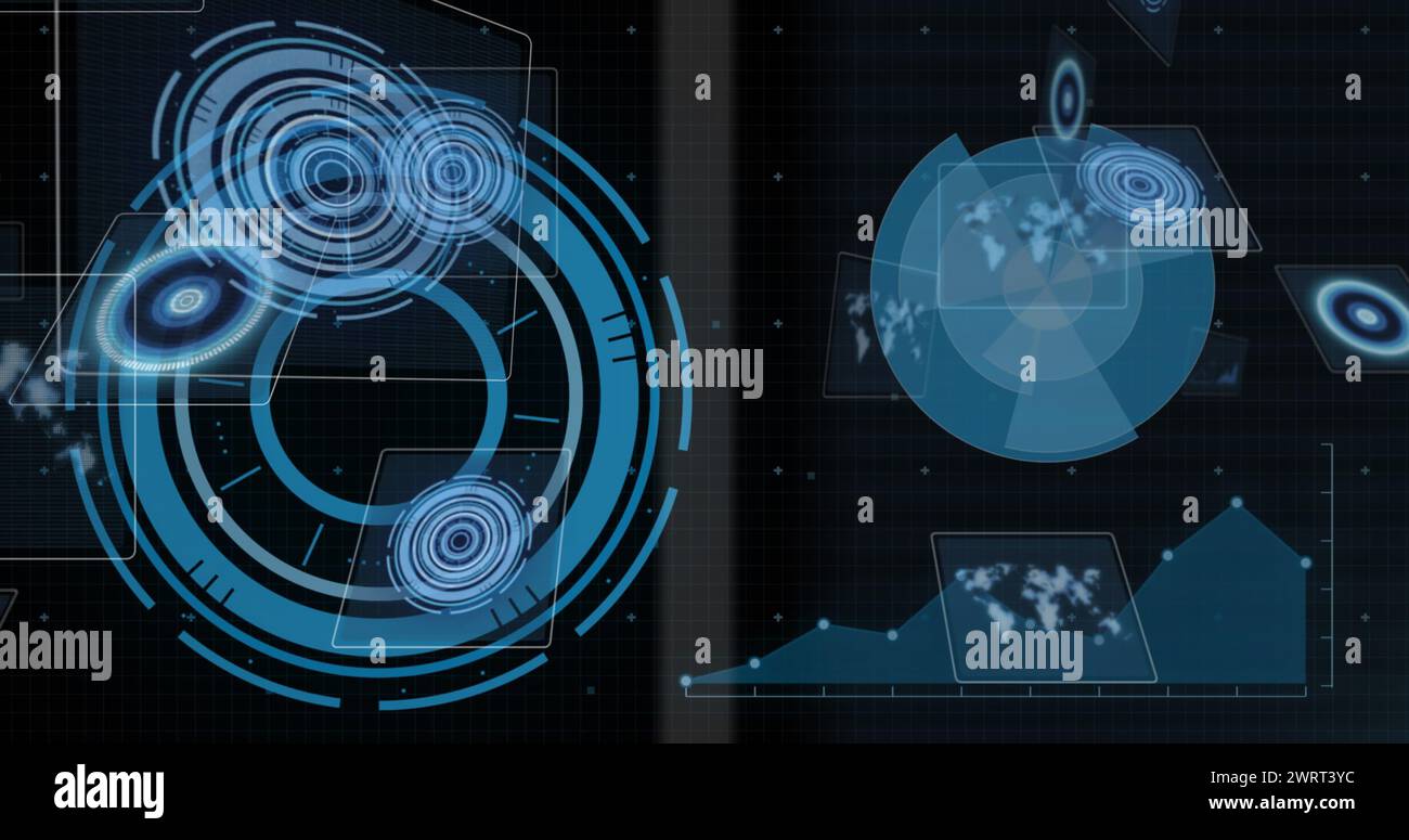 Image of circular scanners and loading rings processing data on black ...