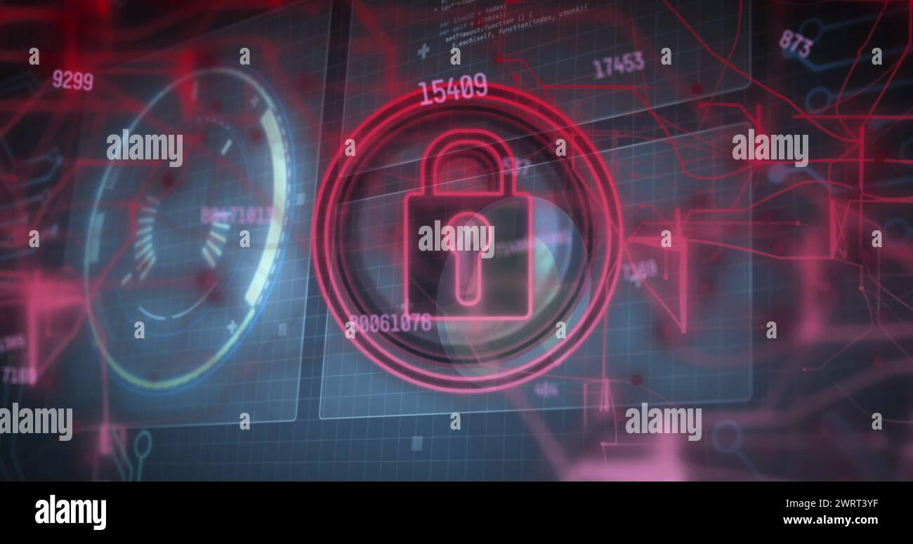 Image of changing numbers over security padlock icon against interface with data processing ...