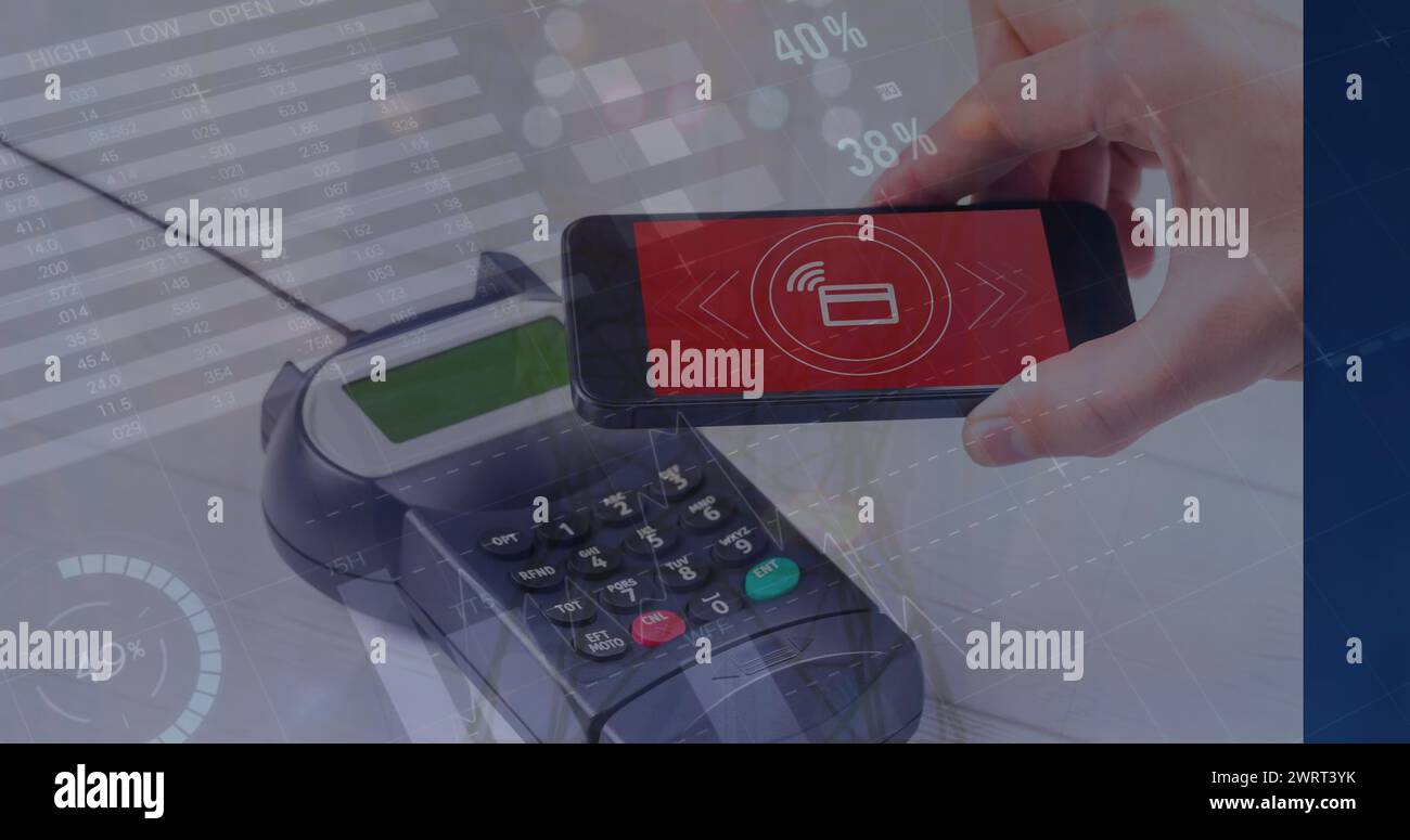 Image of graphs and financial data over payment terminal Stock Photo ...