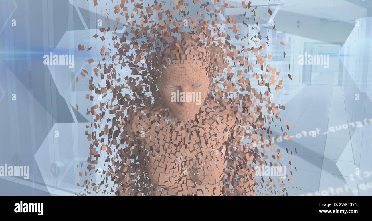 Image of data processing over human body model against hexagonal shapes ...