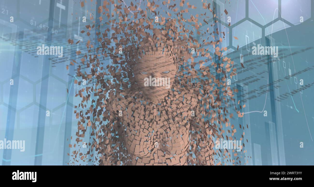 Image of statistical data processing over human body model against blue ...