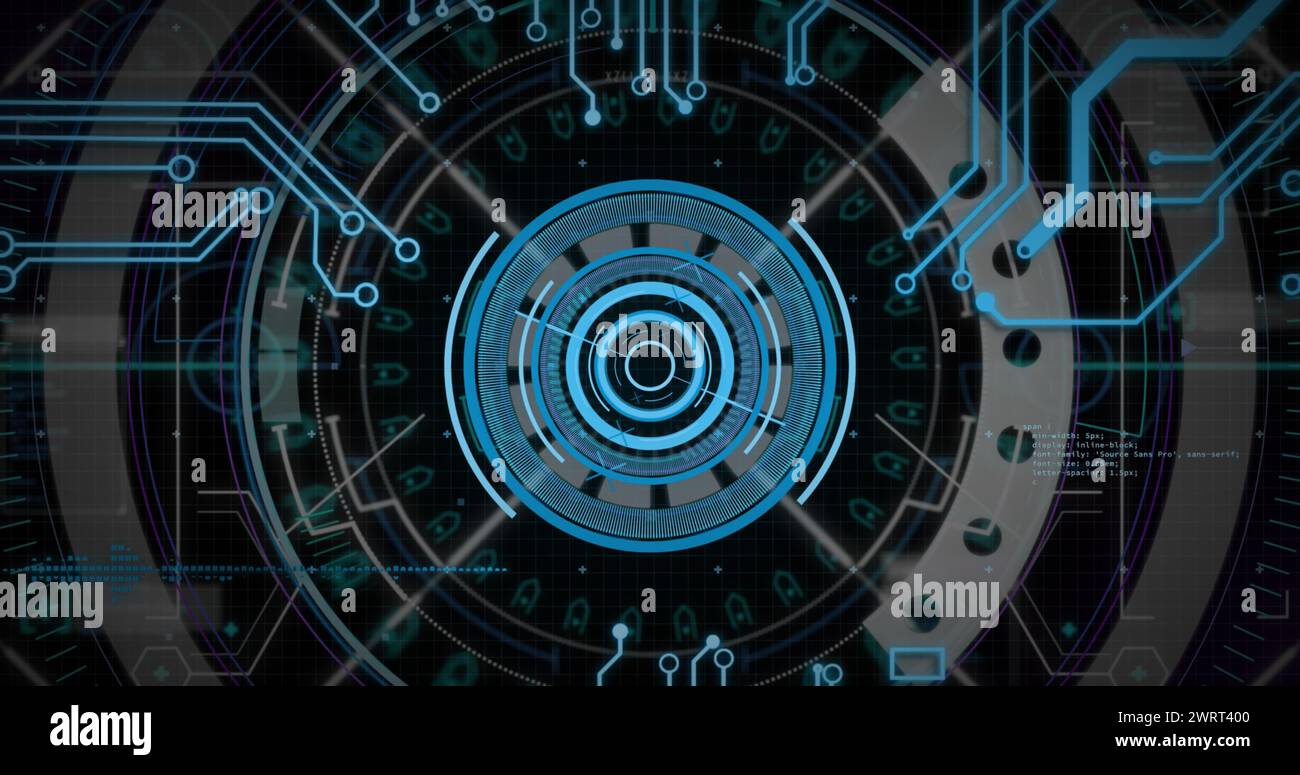 Image of motherboard and circular blue scanner processing data Stock ...