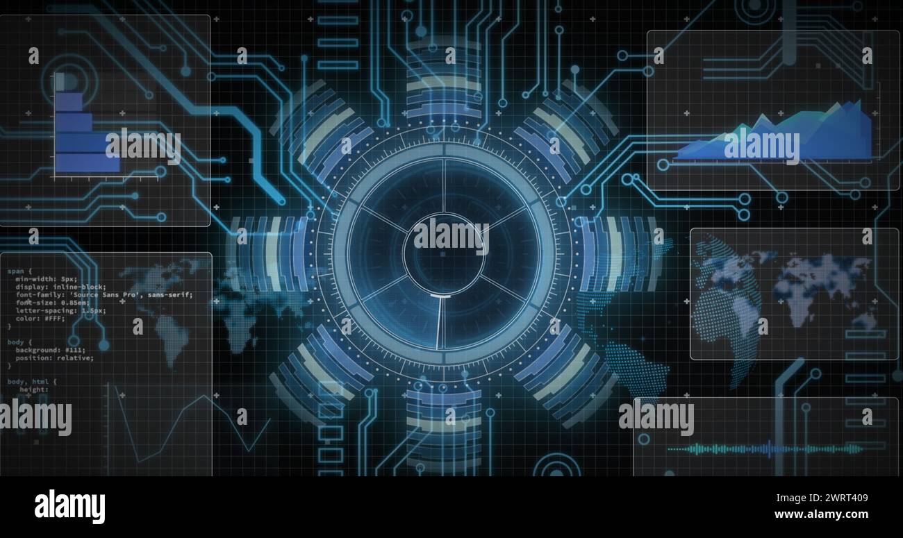 Image of circular scanner processing data on interface over motherboard on black background ...