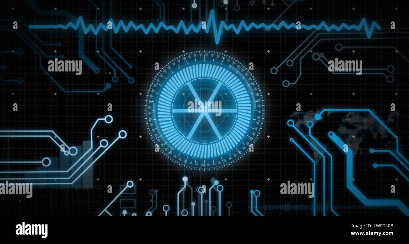 Image of blue circular scanner and motherboard processing data on black background Stock Photo ...