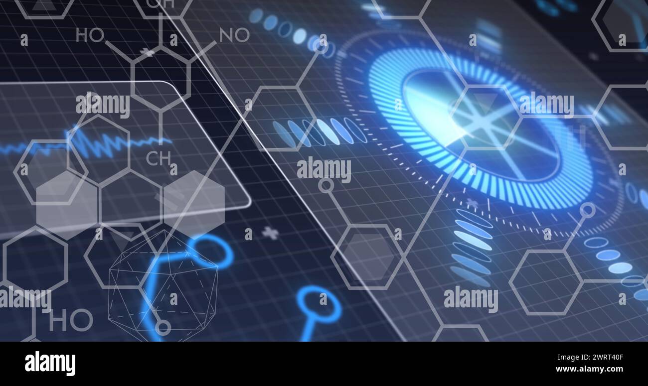 Image of scope and scientific data processing over blue background ...
