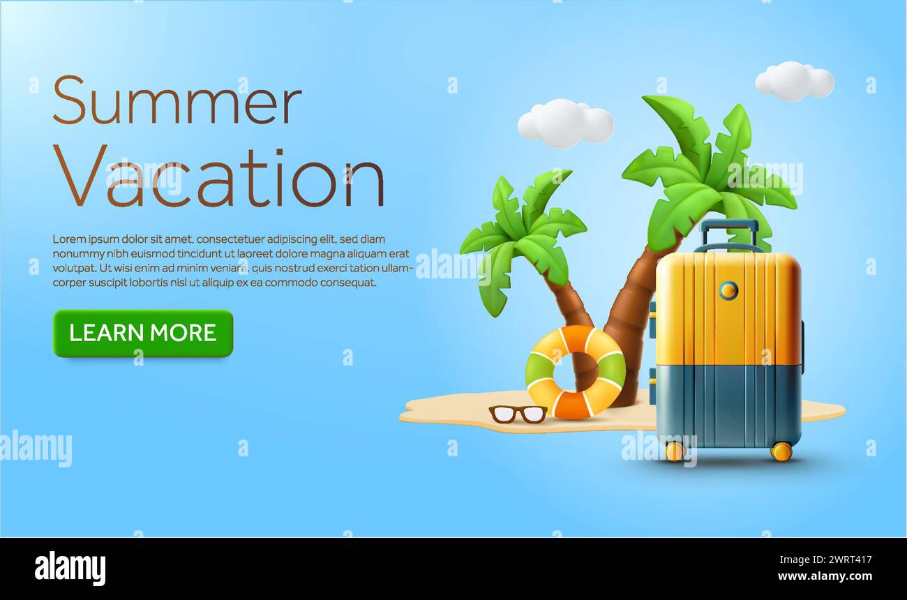 3d suitcase or luggage, palm or coconut tree, map marker, pin icon ...