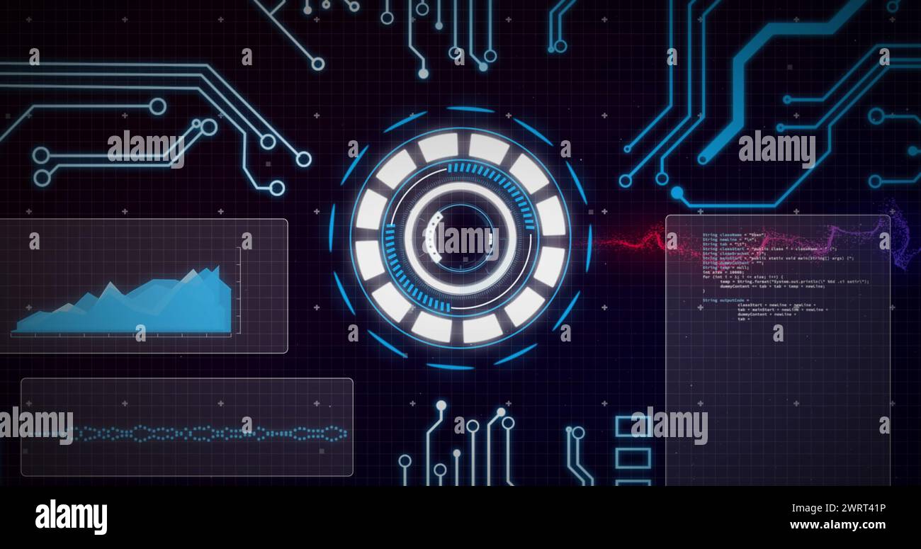 Image of circular scanner and processing data on interface over motherboard on black background ...