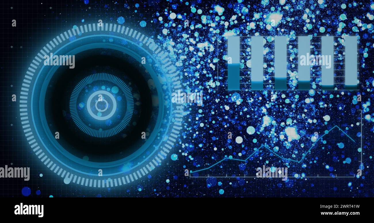 Image of circular scanner and processing data over blue particles on black background Stock ...