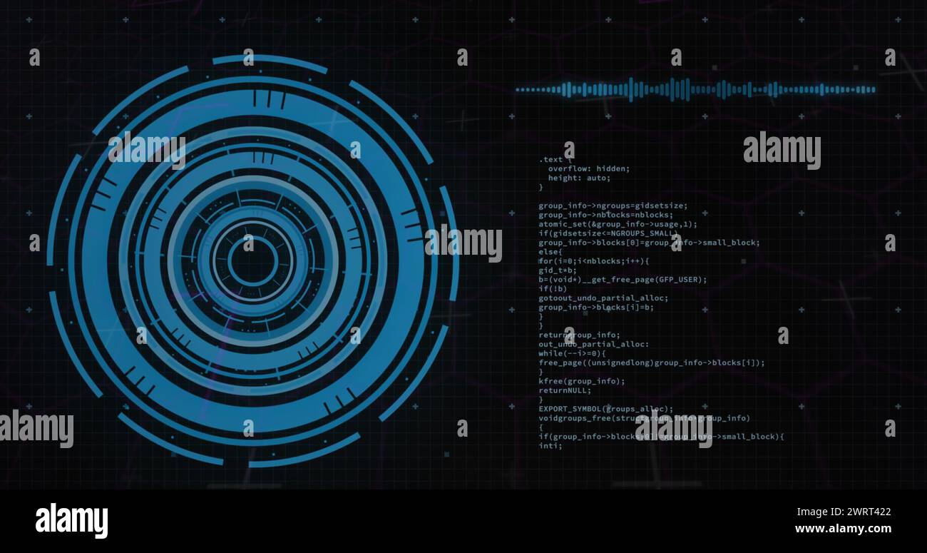 Image of circular neon and blue scanners over processing data on ...