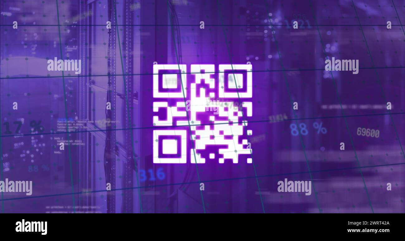 Image of changing numbers over neon qr code and data processing against computer server room ...