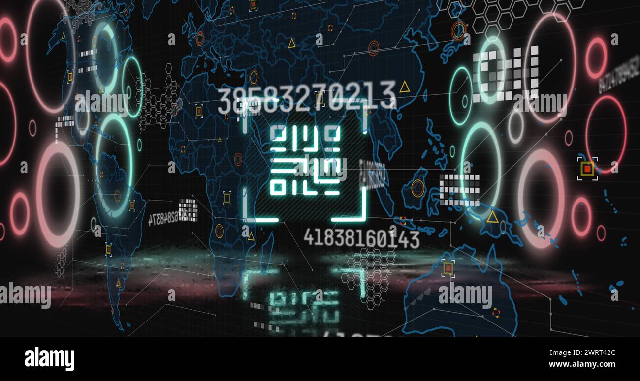 Image of qr code and numbers processing over world map Stock Photo - Alamy