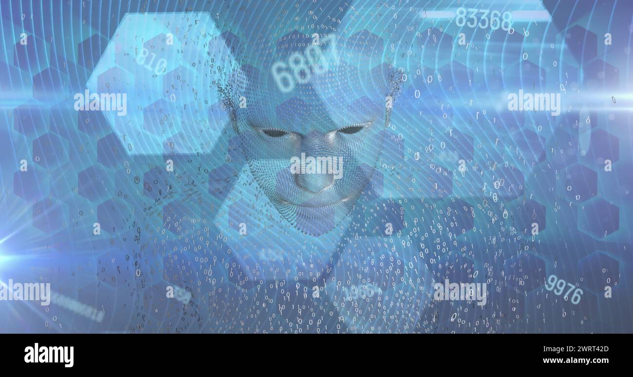 Image of changing numbers over human body model against hexagonal ...