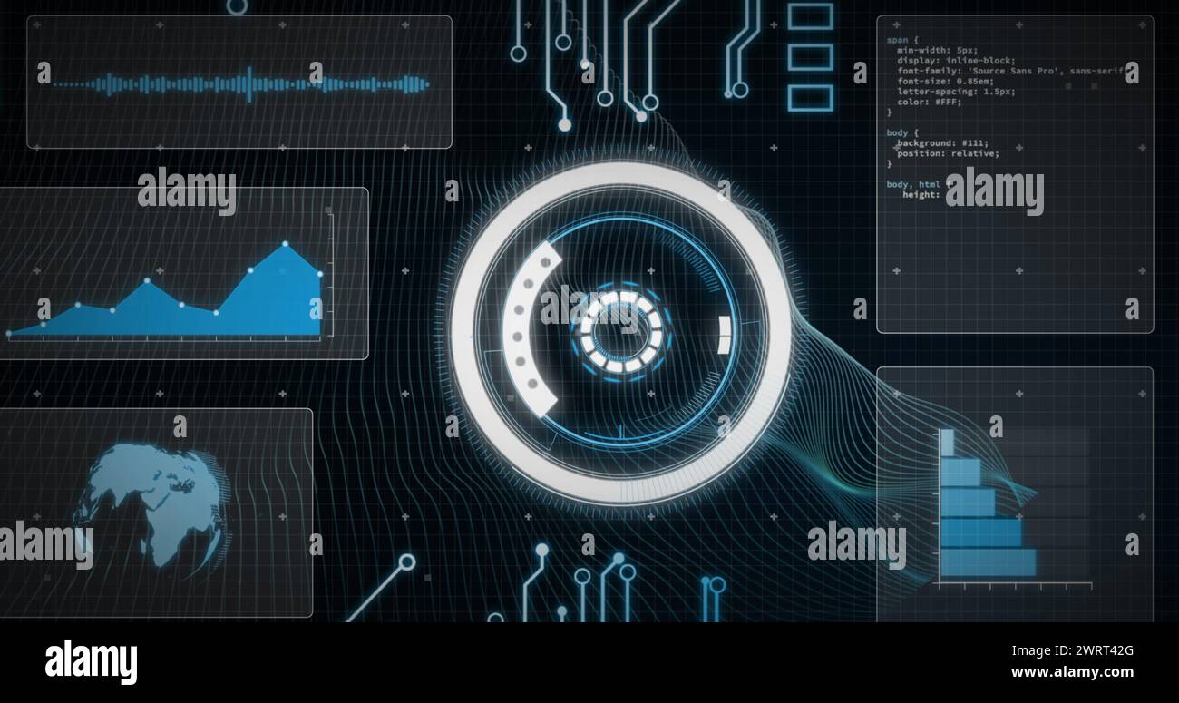 Image of circular scanner and processing data on interface over motherboard on black background ...