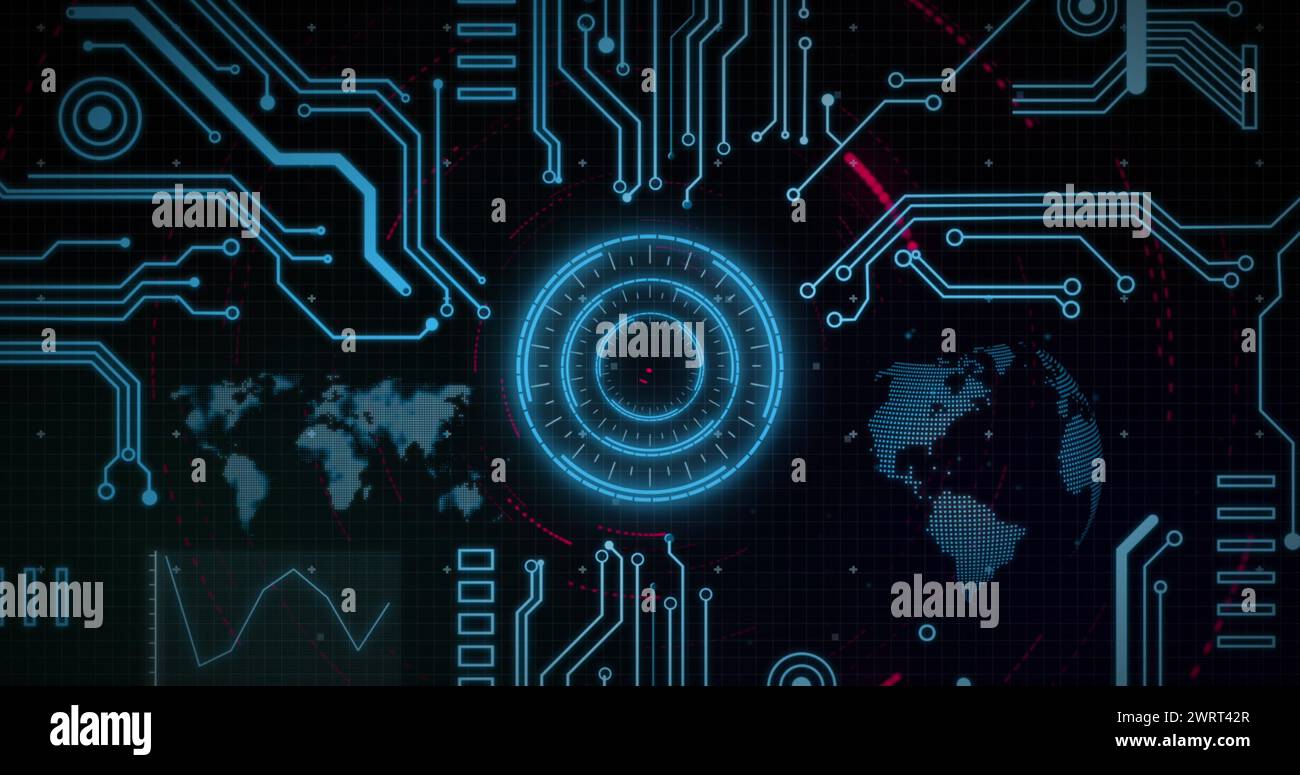Image of blue circular scanner with motherboard and processing data on black background Stock ...