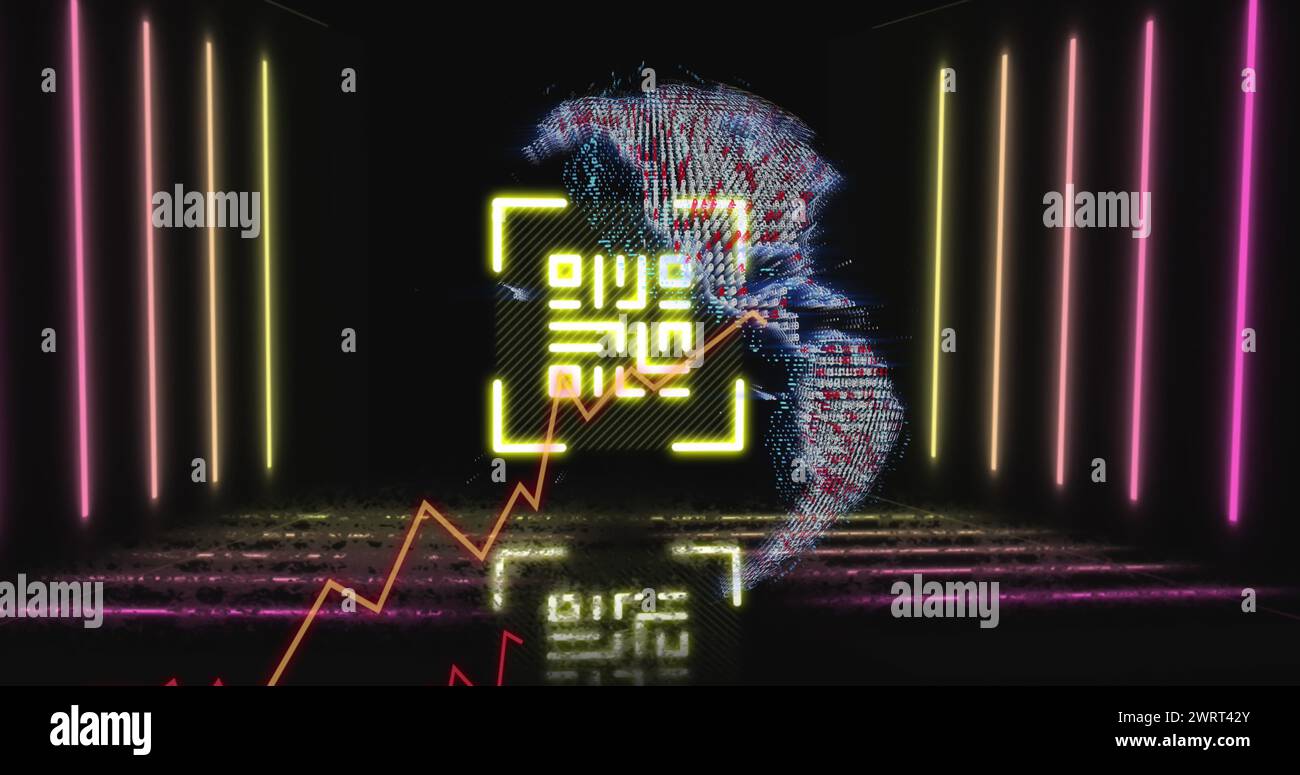 Image of graphs over spinning globe and neon qr code scanner against black background Stock ...