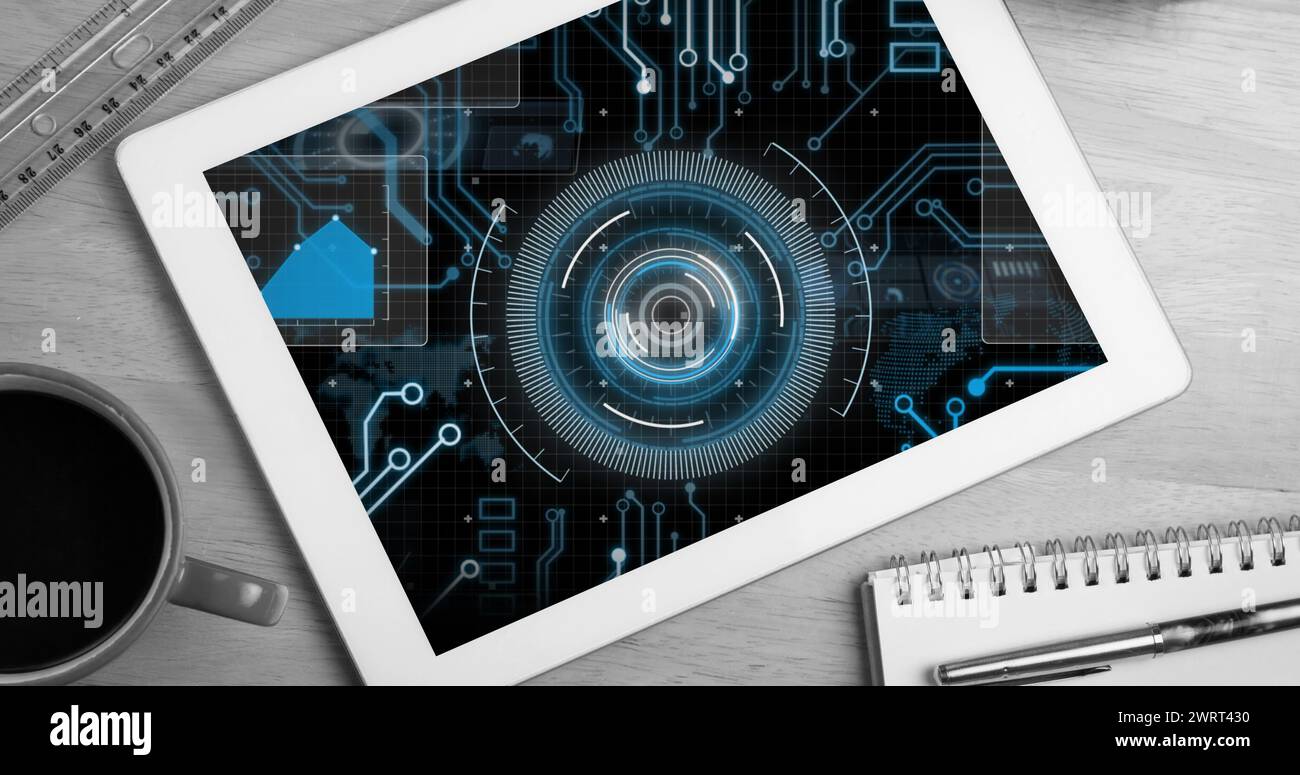 Image of circular scanner and processing data on screen of tablet on ...