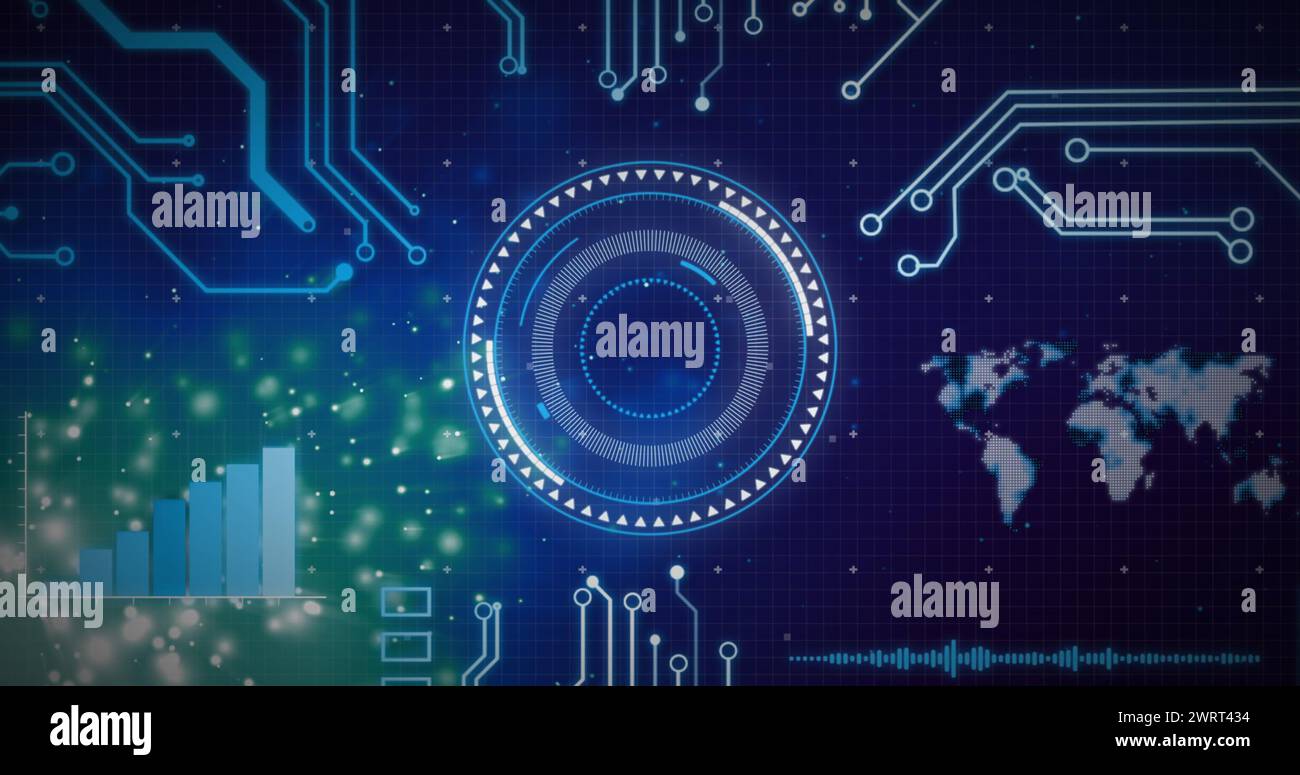 Image of circular scanner with motherboard, data and green particles on ...