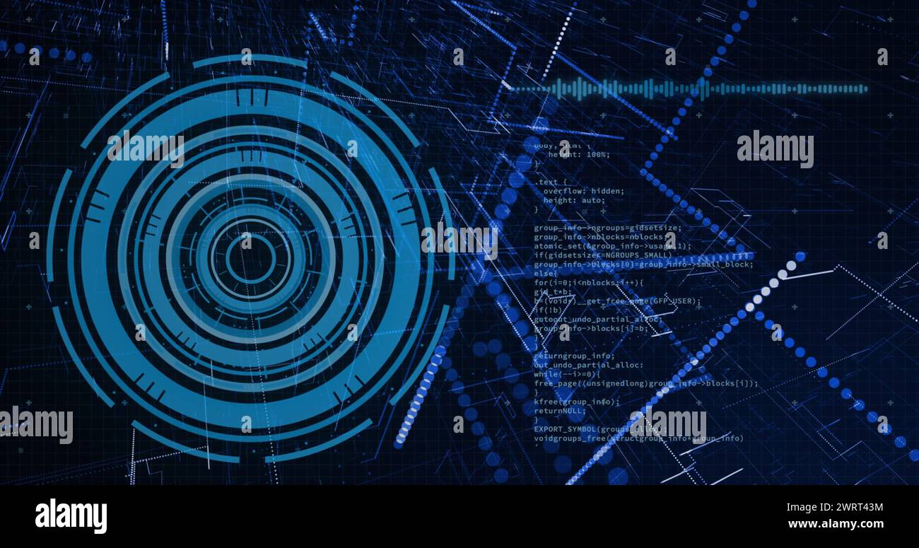 Image of blue circular scanner and processing data on interface with ...