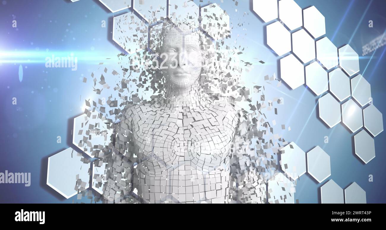 Image of changing numbers over human body model and hexagonal shapes on ...