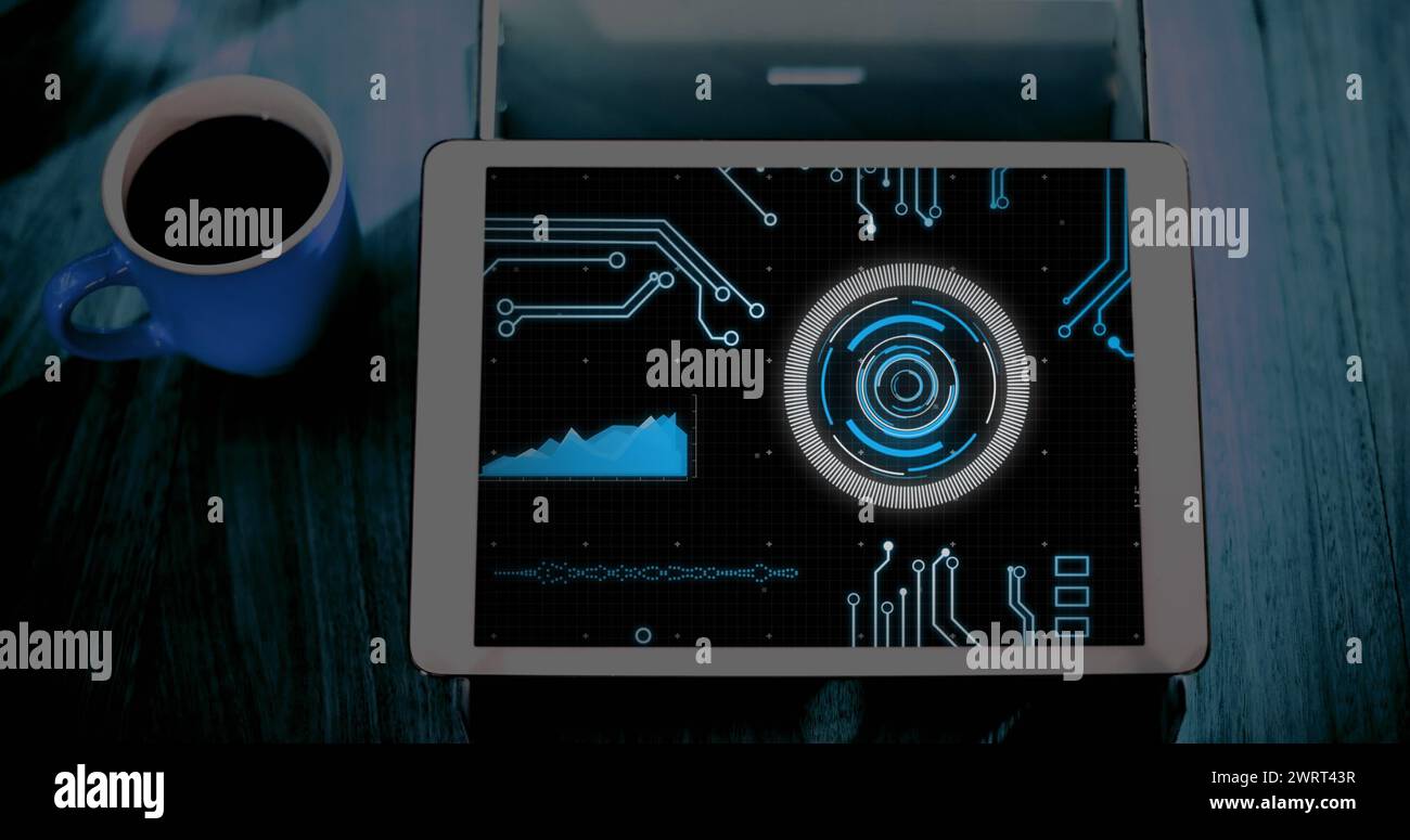 Image of motherboard and circular scanner processing data on screen of ...