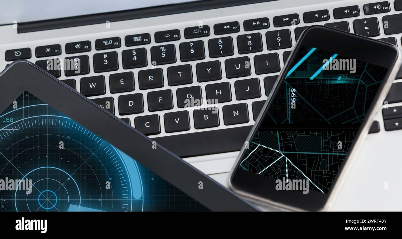 Image of scanner and processing data on screens of tablet and ...