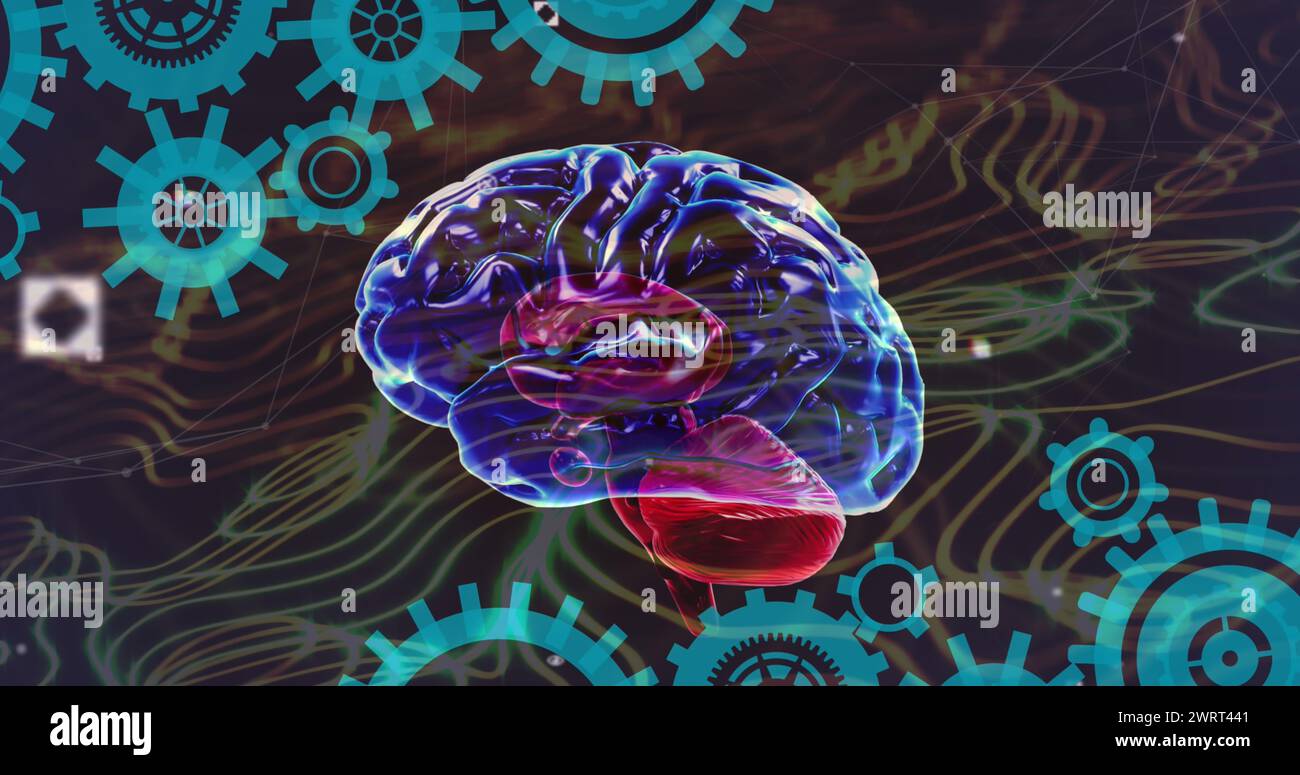 Image of human brain, cogs and data processing and network of ...