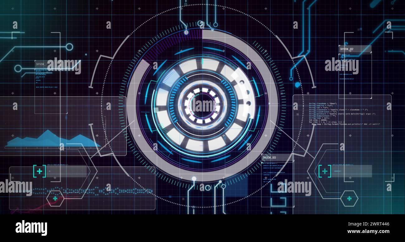 Image of motherboard and circular scanner processing data on interface ...
