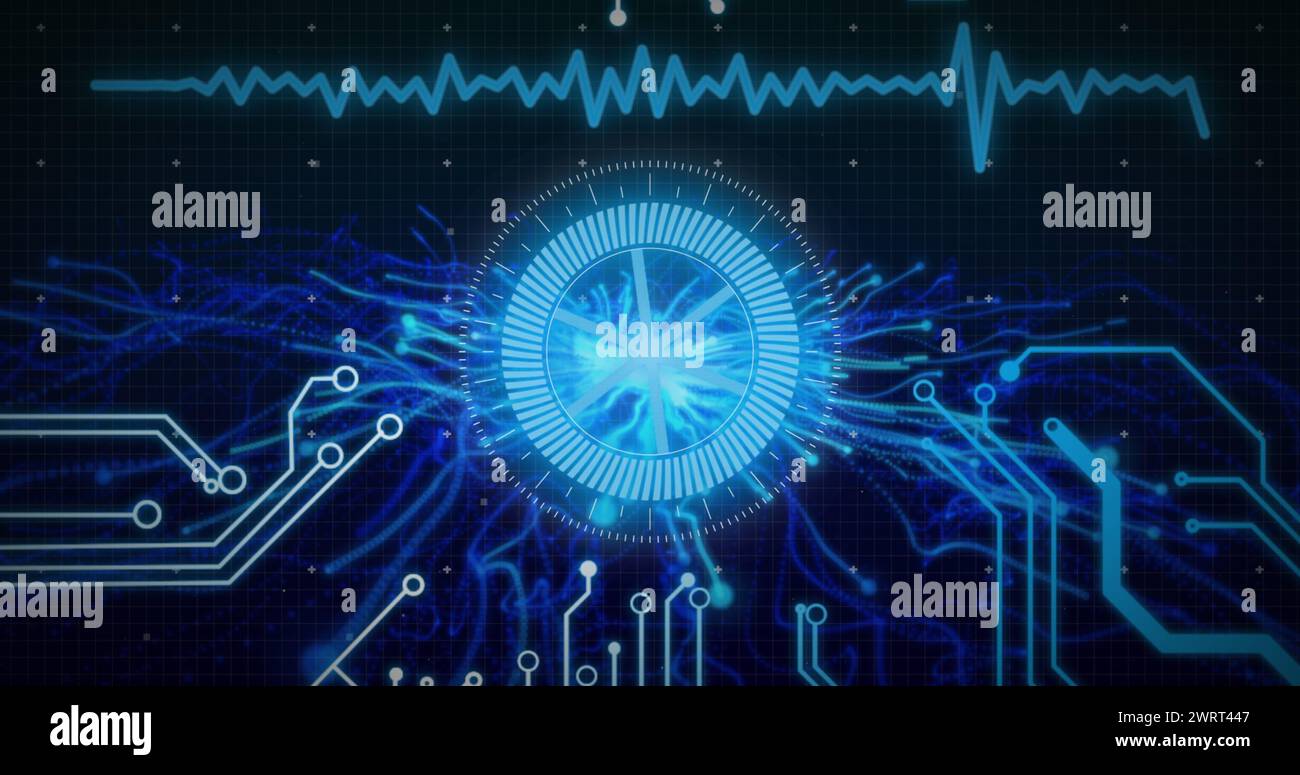 Image of blue loading ring over blue light trails and motherboard on ...