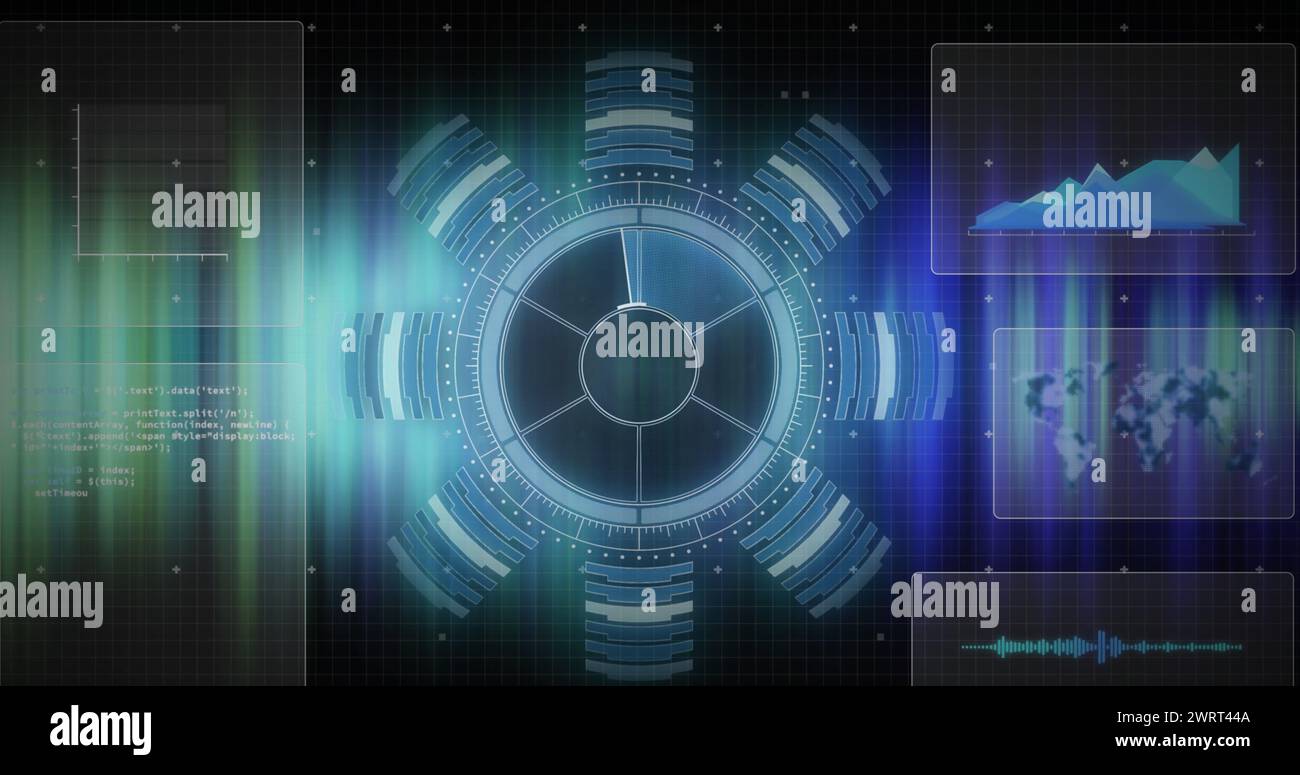 Image of circular scanner and processing data over blue lights on black background Stock Photo ...