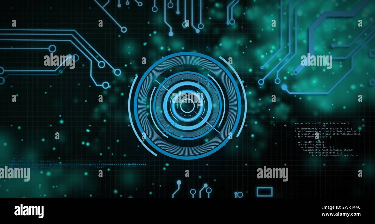 Image of blue circular scanner over motherboard and blue particles on ...