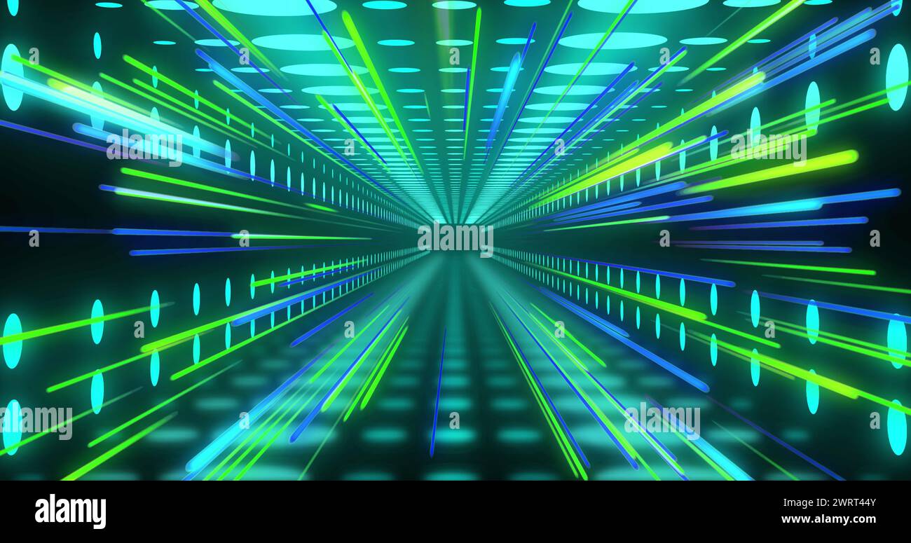 Image of blue and green neon light trails in digital tunnel of spots ...