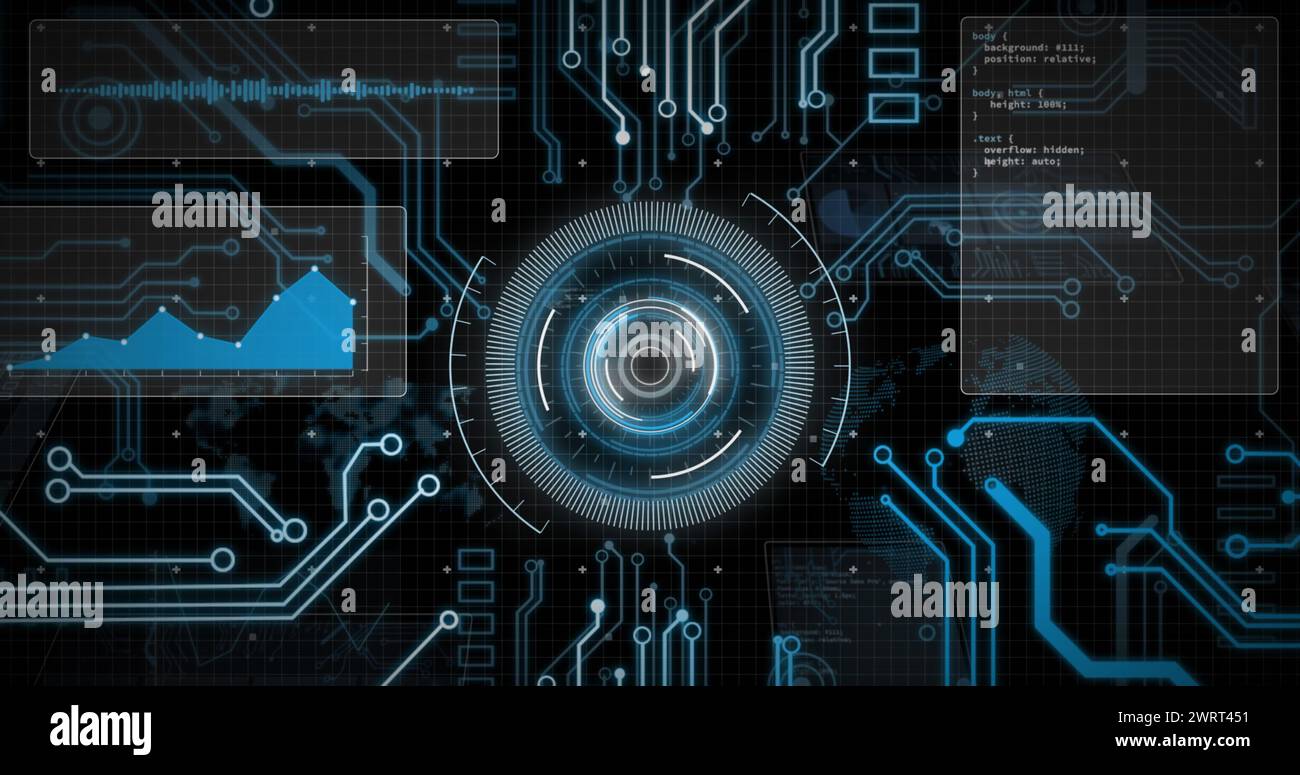 Image Of Motherboard And Circular Scanner Processing Data On Interface With Black Background