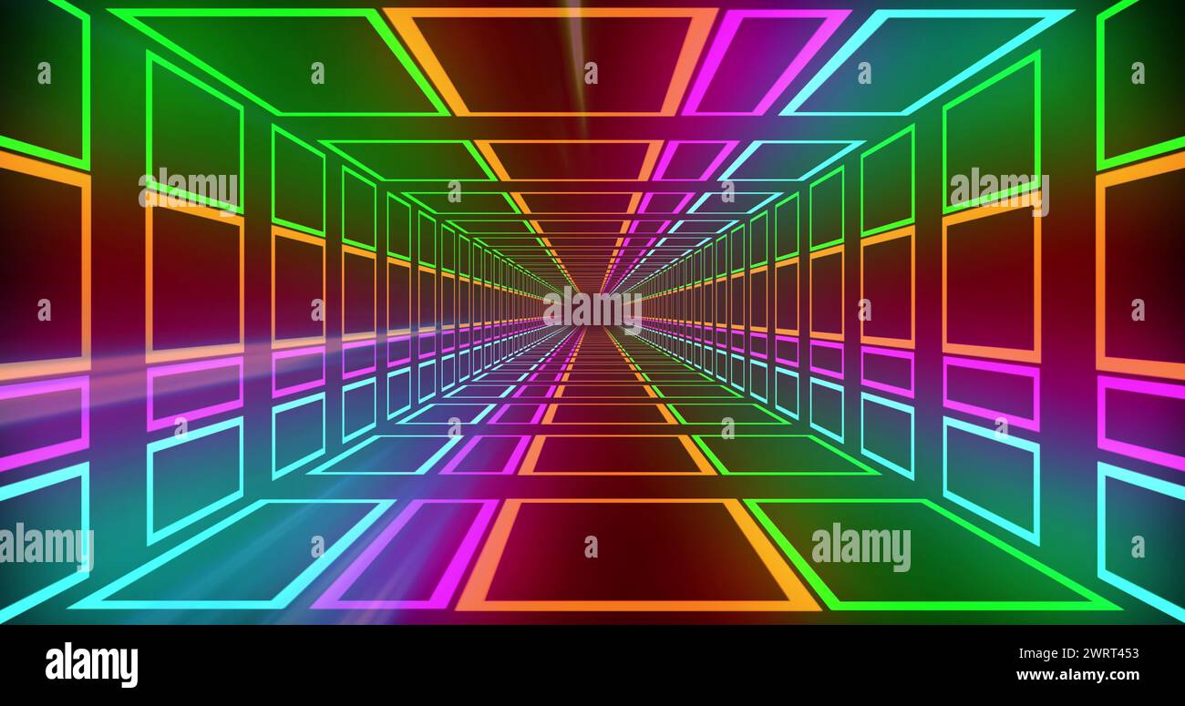 Image of colourful neon light trails and digital tunnel over black ...