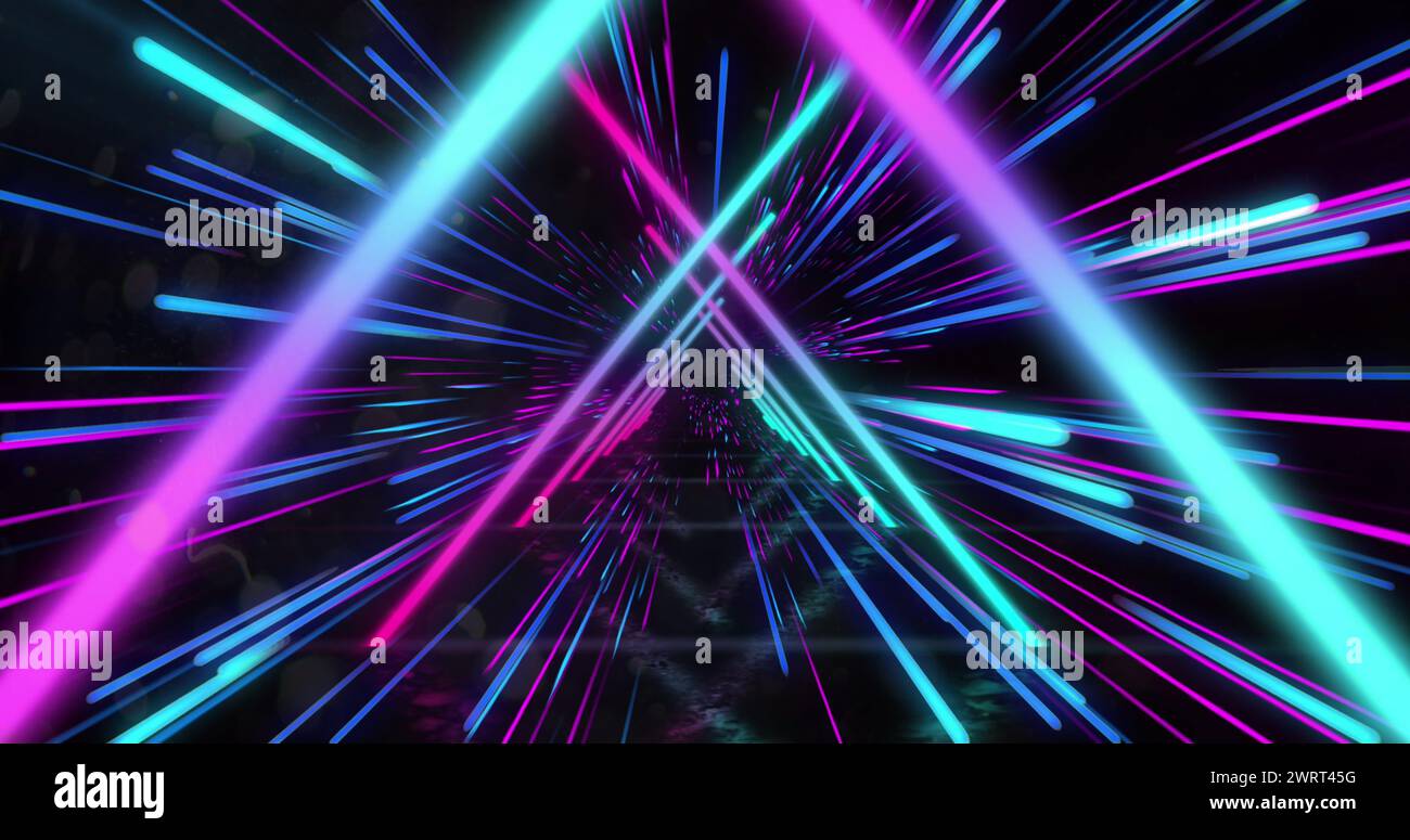 Image of blue neon light trails and triangles over black background ...