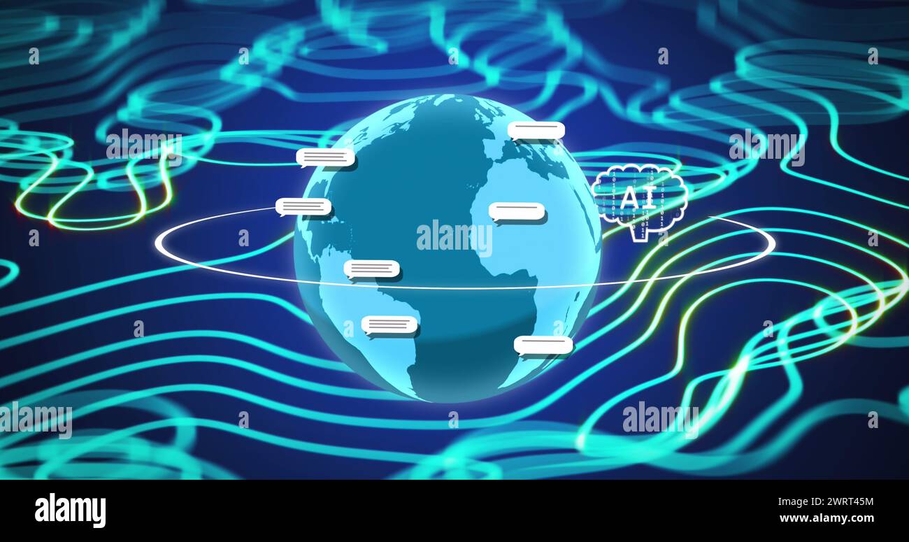 Image of ai text and icon with network of connections over globe. Global artificial intelligence ...