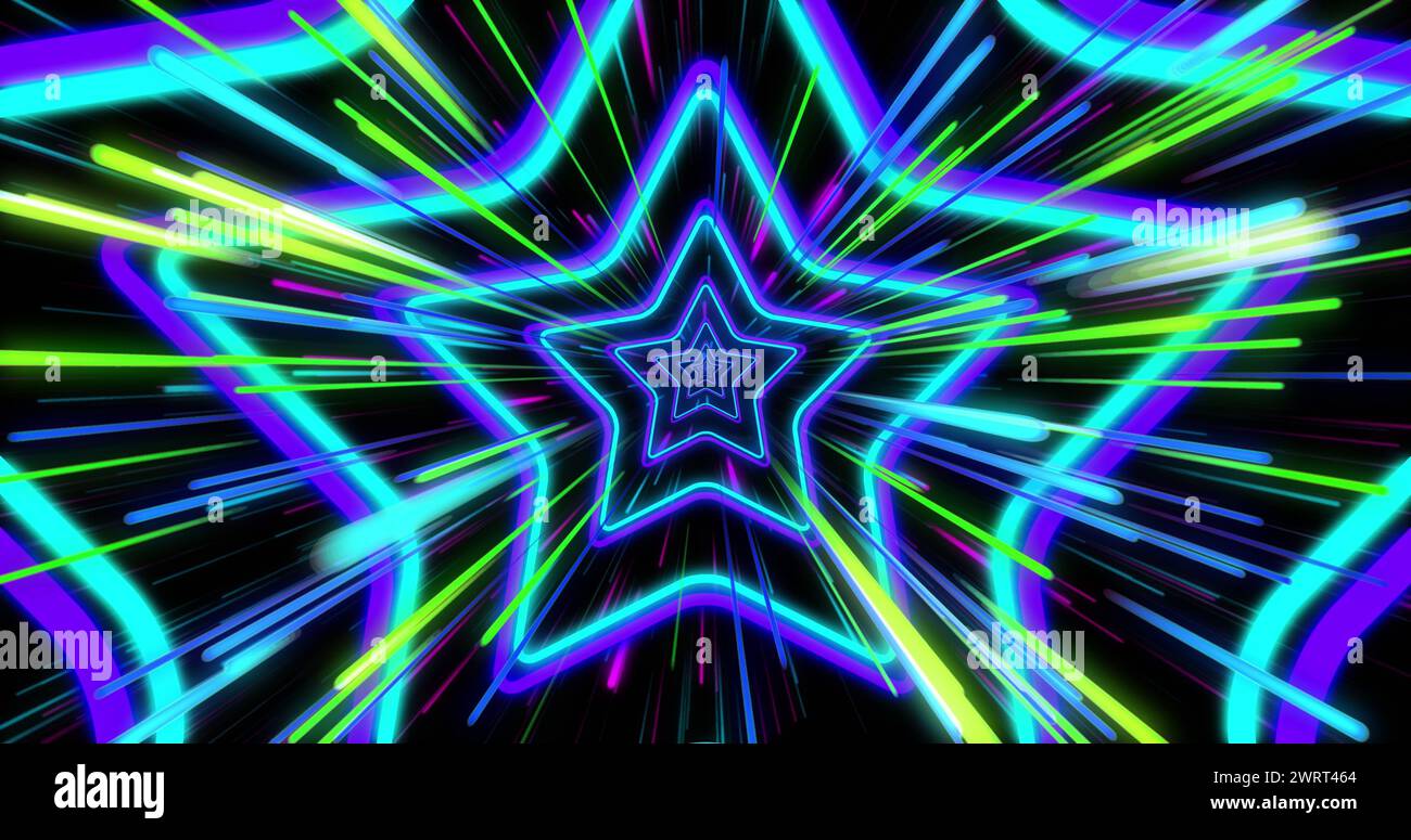 Image of colourful neon light trails and stars over black background ...