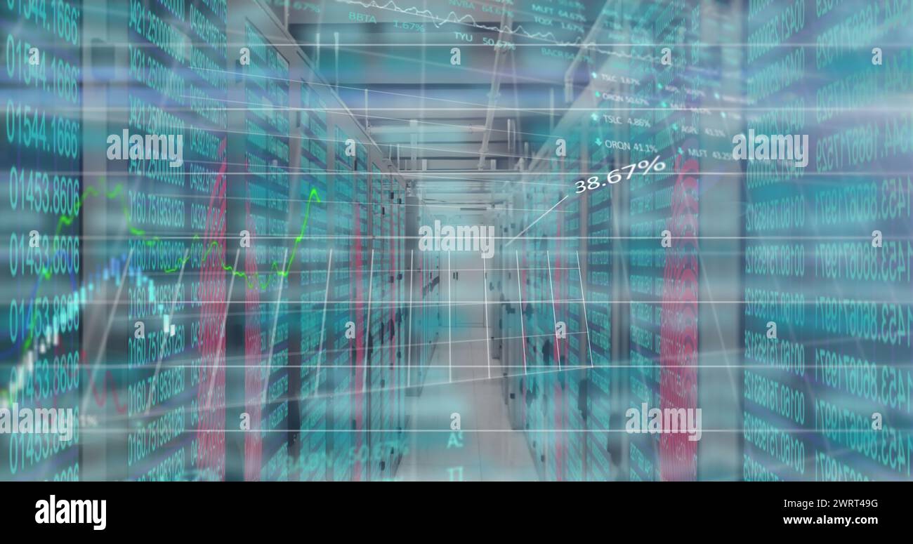 Digital composite image shows data processing and graphs in a virtual ...