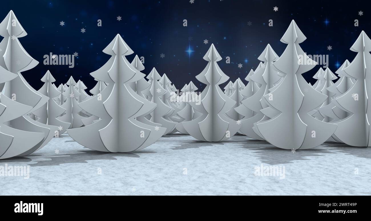 Snowflakes falling over multiple trees on winter landscape against blue ...