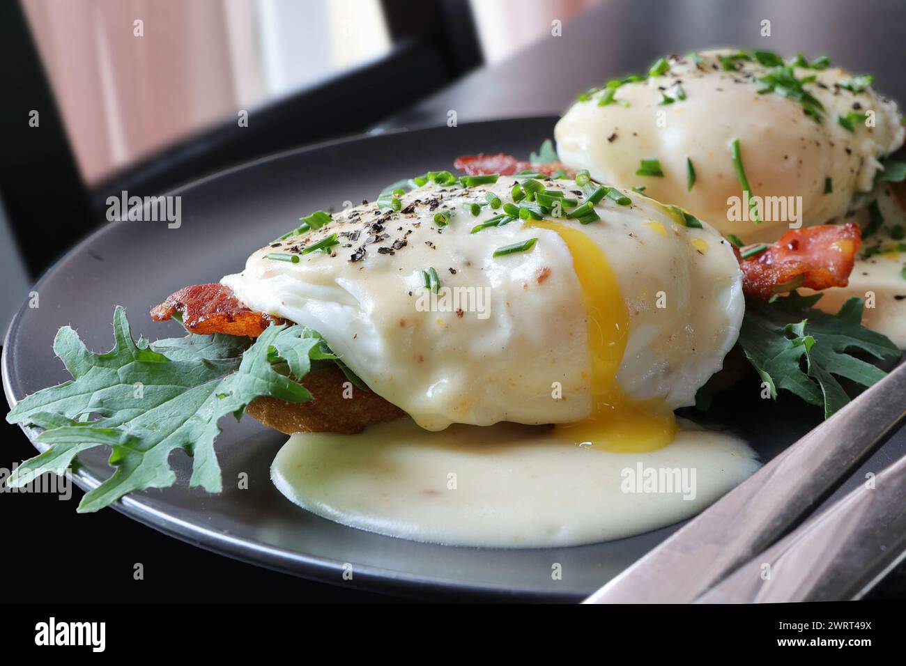 Eggs Benedict- toasted muffins, ham, poached eggs, delicious buttery ...