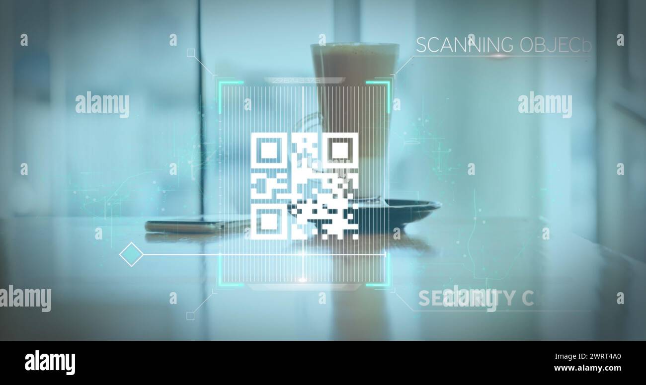 Image of a white QR code scanning over a cup of caffe latte standing on ...