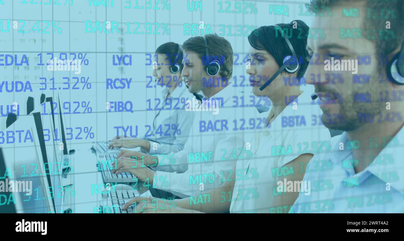 Multi-ethnic call center workers with digital data overlay smile at the camera Stock Photo - Alamy