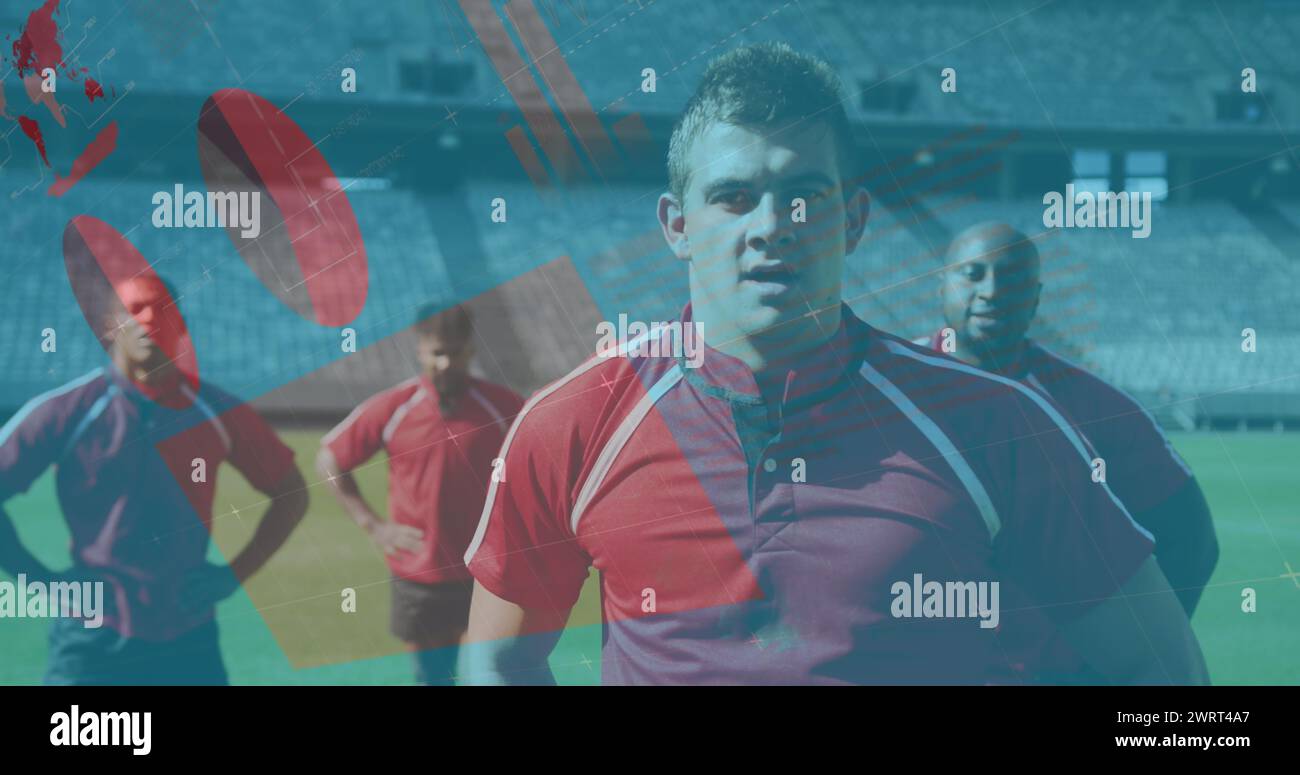 Image of statistics and data processing over diverse rugby players ...